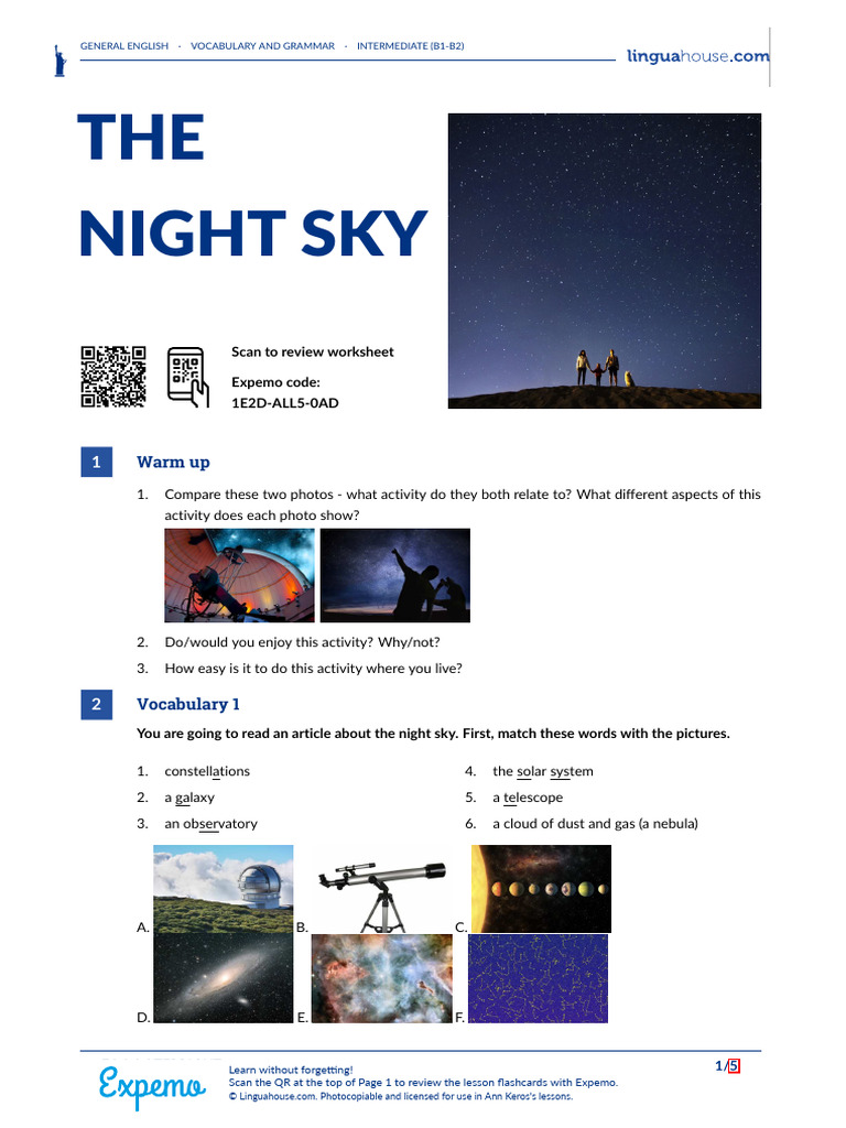 The Night Sky American English Student B1 B2 | PDF