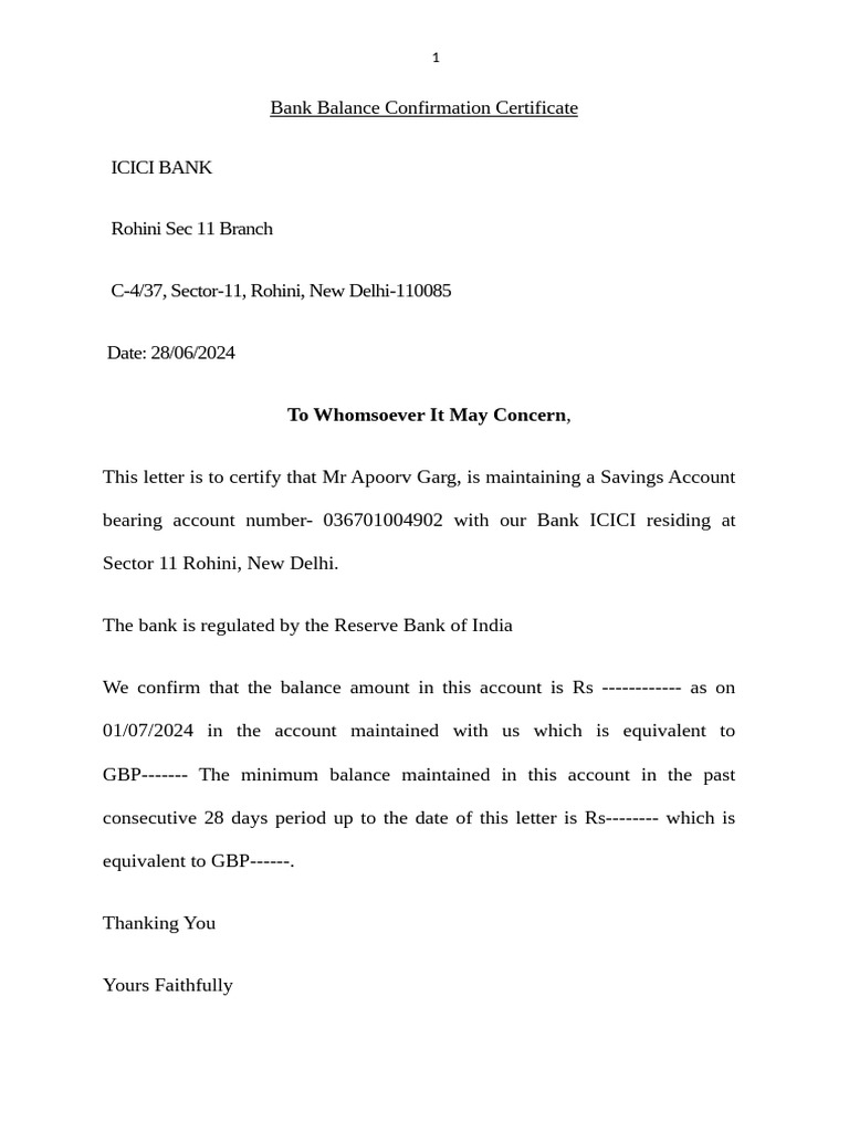 Bank Balance Confirmation Format | PDF