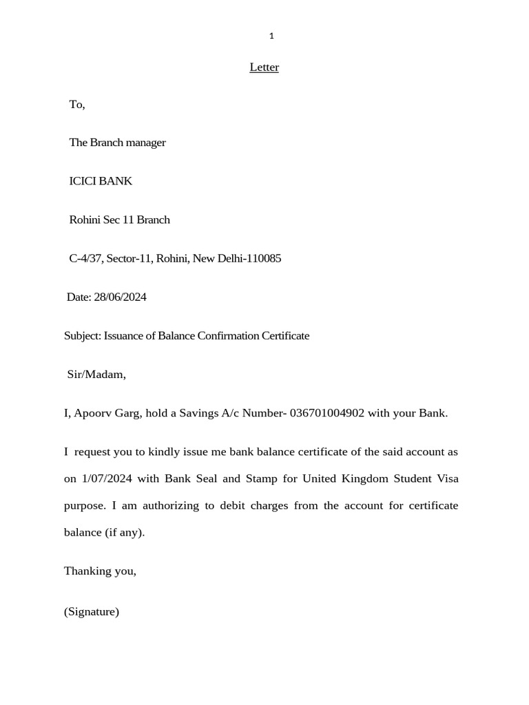 Bank Balance Confirmation Letter | PDF