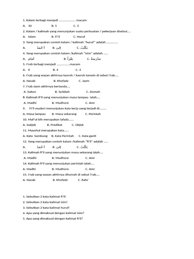 Soal Nahwu Kelas 6 | PDF