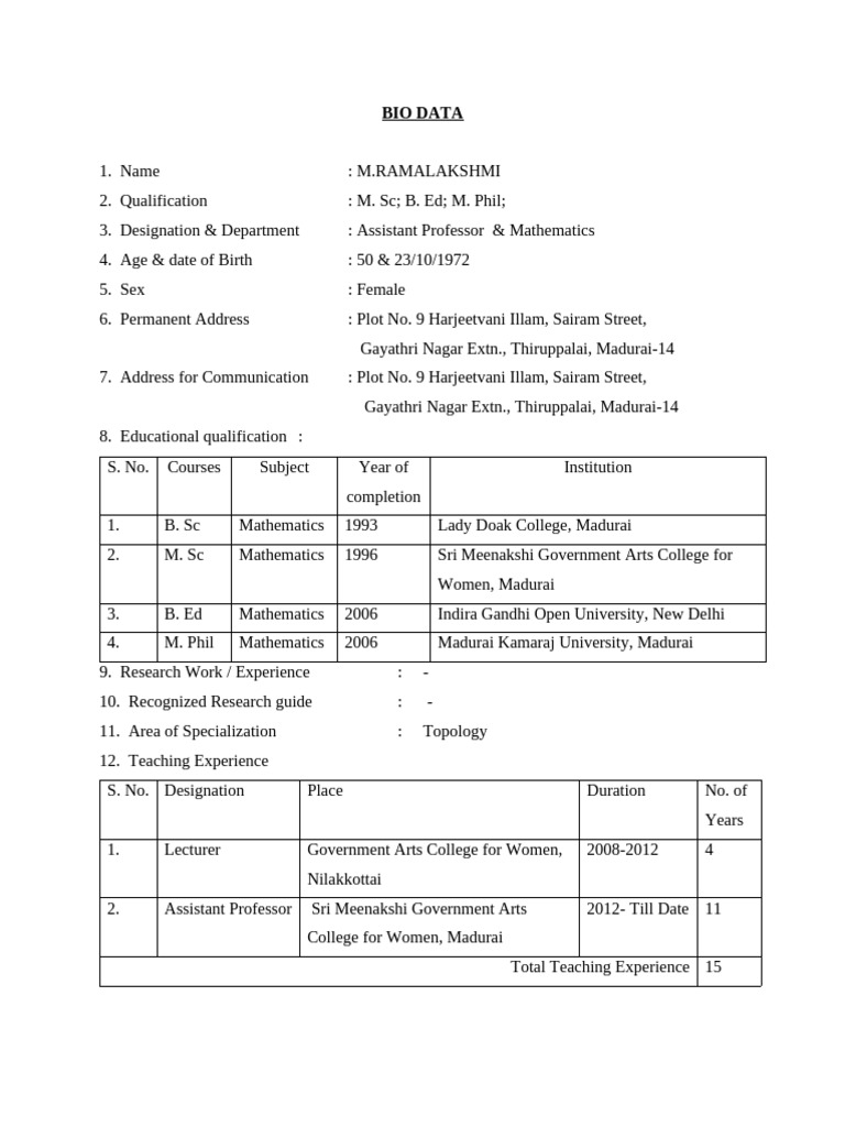 Staff Profile Format | PDF
