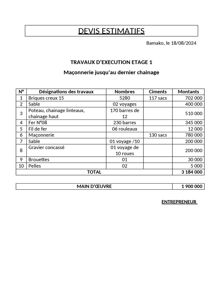 Devis Estimatifs | PDF
