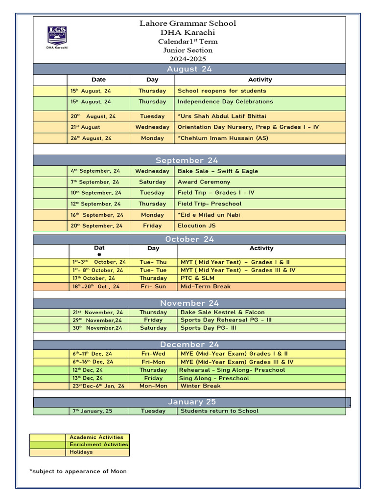 School Calendar Junior Section - 1st Term 2024-202 - 240817 - 120540 | PDF