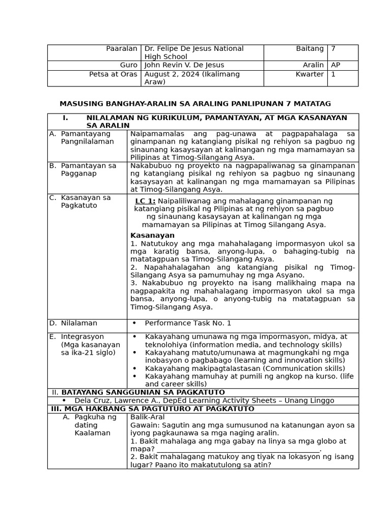 Masusing Banghay Aralin Sa MATATAG AP7 Ikalimang Araw 1 | PDF