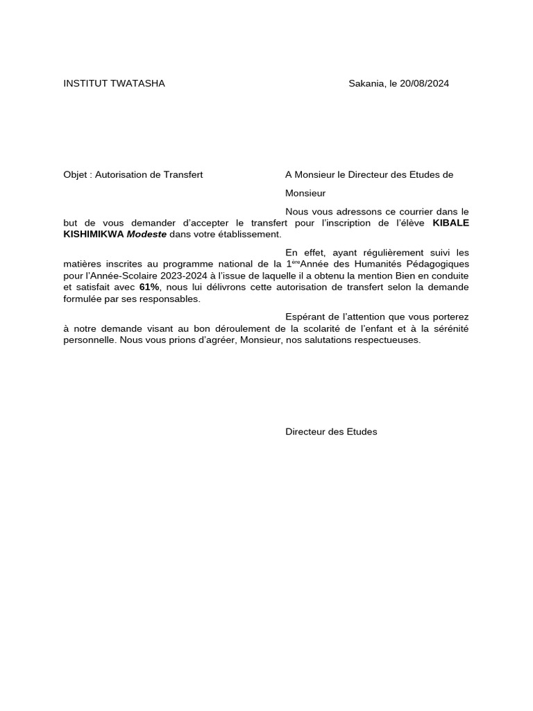 Lettre de Transfert - 105335 | PDF