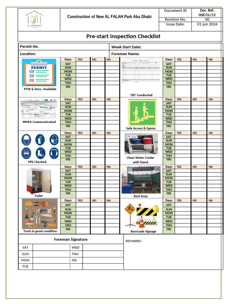 HSE CL 11 Pre Start Work Checklist | PDF