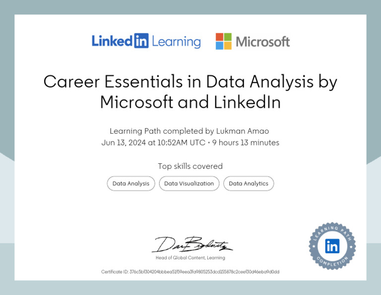 CertificateOfCompletion - Career Essentials in Data Analysis by Microsoft and LinkedIn | PDF ...