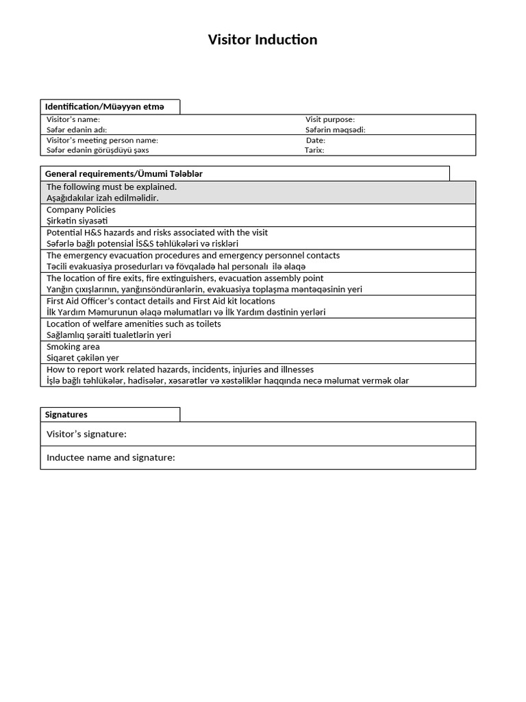 Visitor Induction Form | PDF