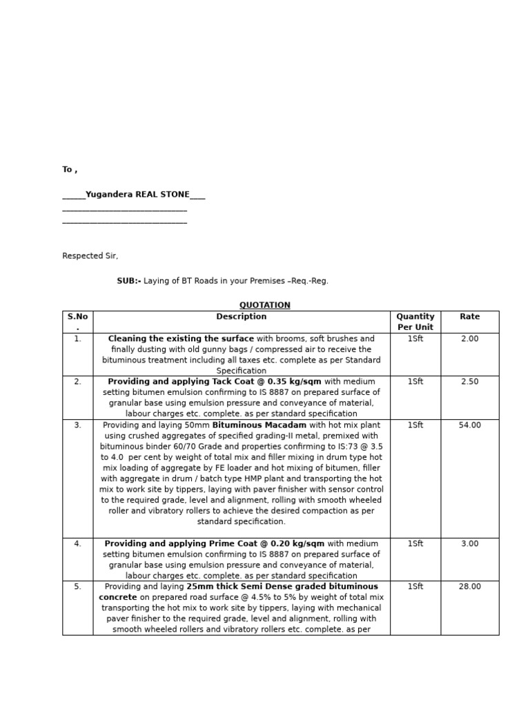 PeddaPur BT Road Quotation PR INFRA | PDF | Road Surface | Technology ...