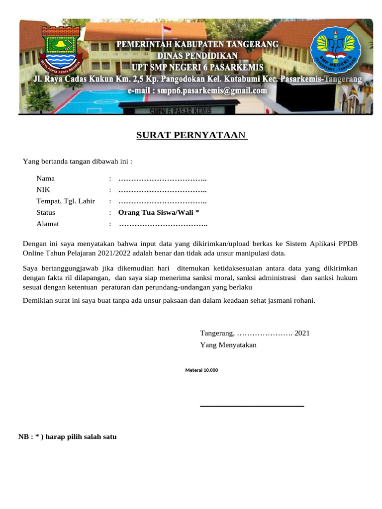 Surat Pernyataan Akurasi Data PPDB 2021 | PDF