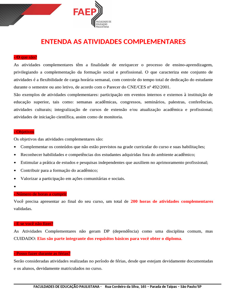 REGRAS-ATIVIDADES-COMPLEMENTARES_2020 | PDF