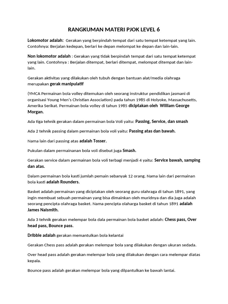 RANGKUMAN MATERI PJOK LEVEL 6 | PDF