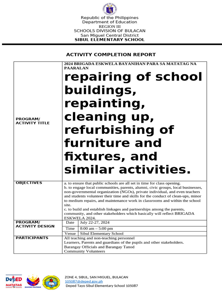 Acr For Brigada Eskwela 2024 | PDF | Wellness