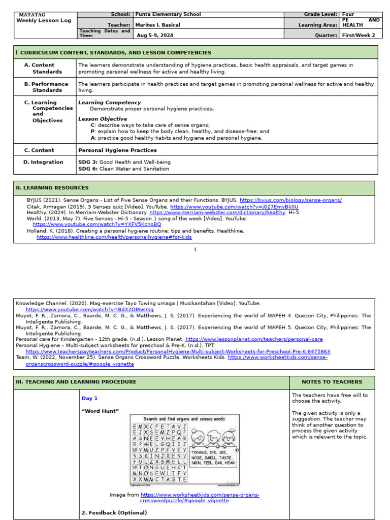 Q1 - LE - PE and Health 4 - Lesson 2 - Week 2 | PDF