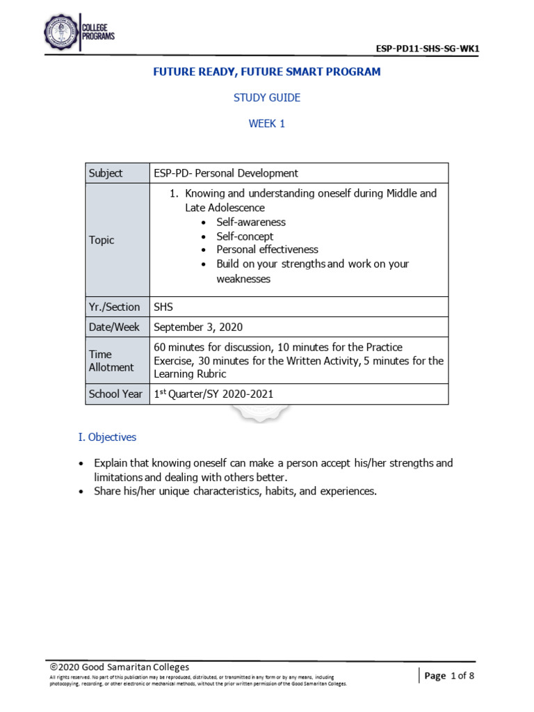 Week 1 - Study Guide Knowing Oneself | PDF
