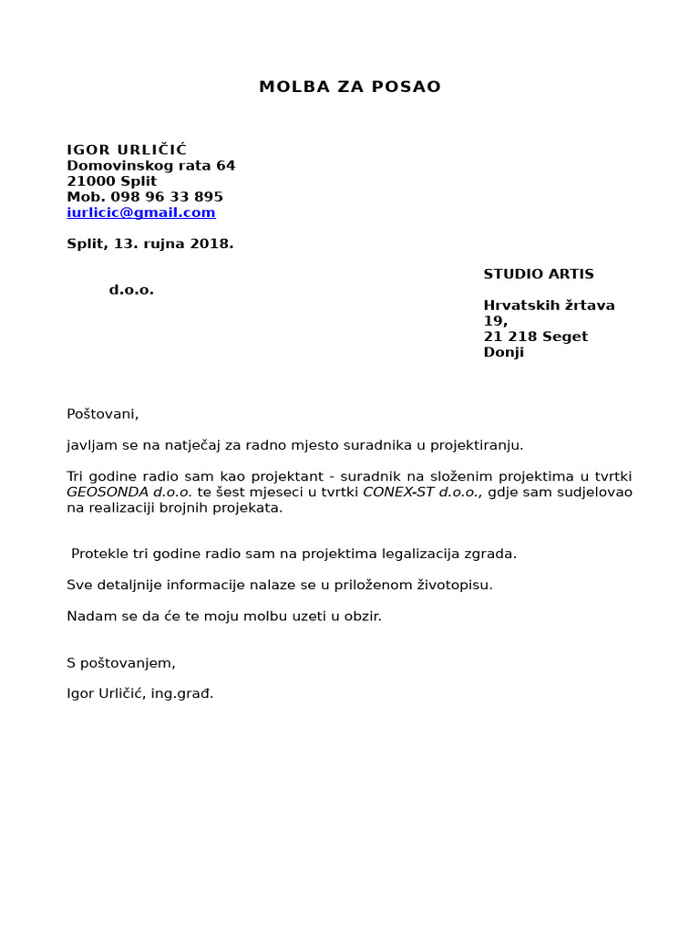 Molba Studio Artis Doo | PDF