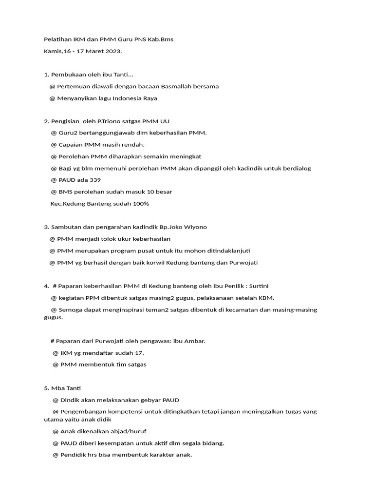 Notula Pelatihan Ikm Dan PMM Guru PNS Kab. BMS | PDF