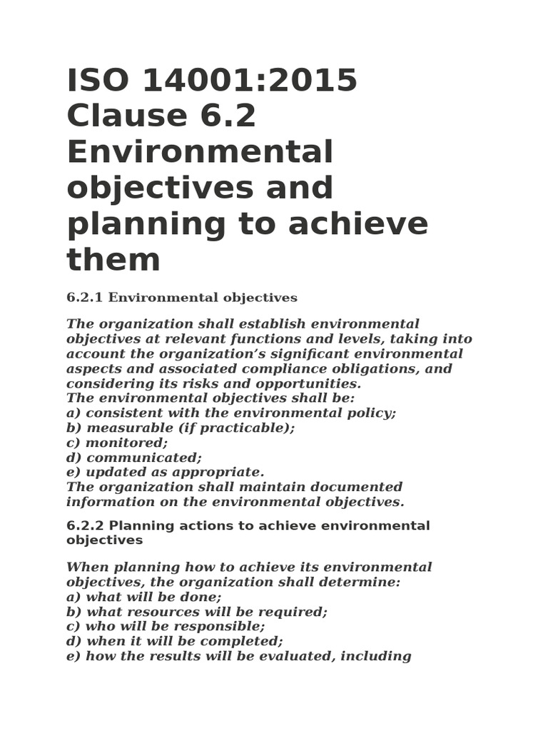 ISO 14001-2015 Clause 6-2 Environmental Objectives and Planning To ...