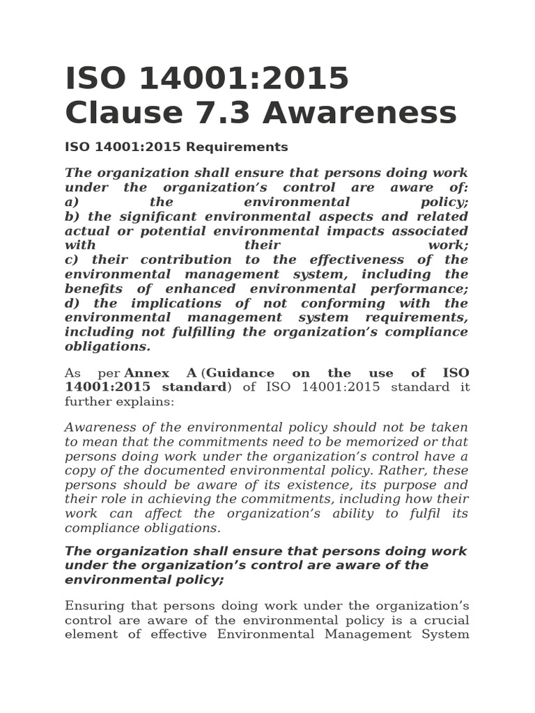 ISO 14001-2015 Clause 7-3 Awareness | PDF