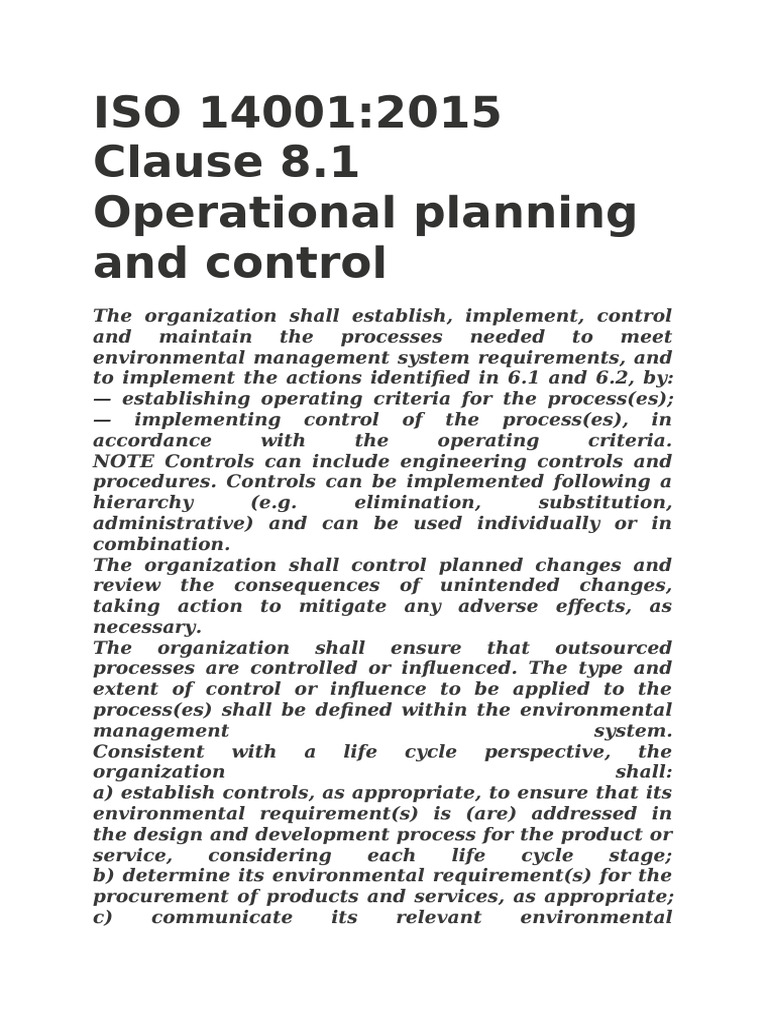 ISO 14001-2015 Clause 8-1 Operational Planning and Control | PDF