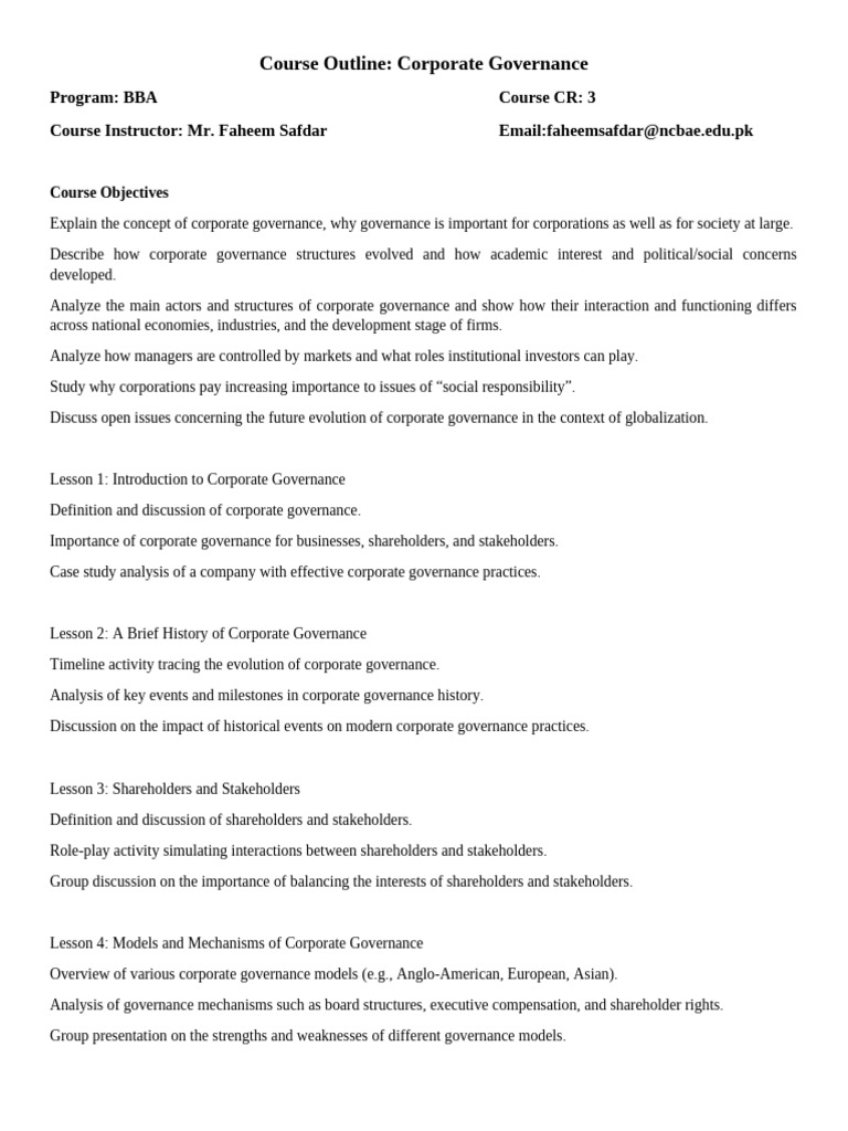Corporate Governance Course-Outline BBA | PDF