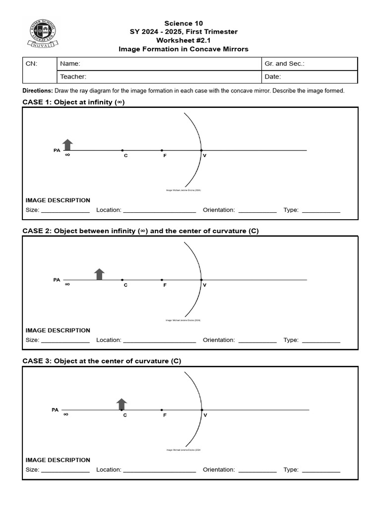(SY 24-25, T1) Science 10 - FA 2 - Worksheet 2.1 & 2.2 - Image Formation in Concave Mirrors (For ...