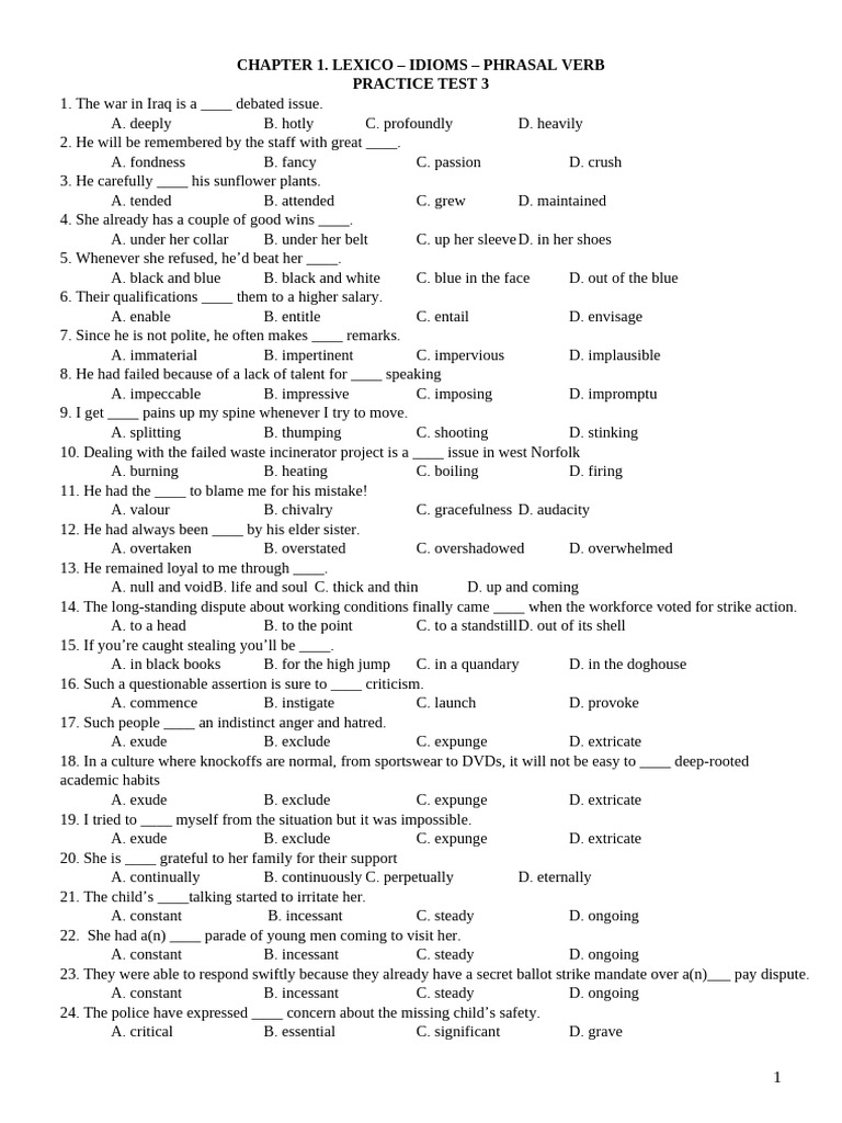 Chapter 1. Lexico - Idioms - Phrasal Verb - Test 3 | PDF