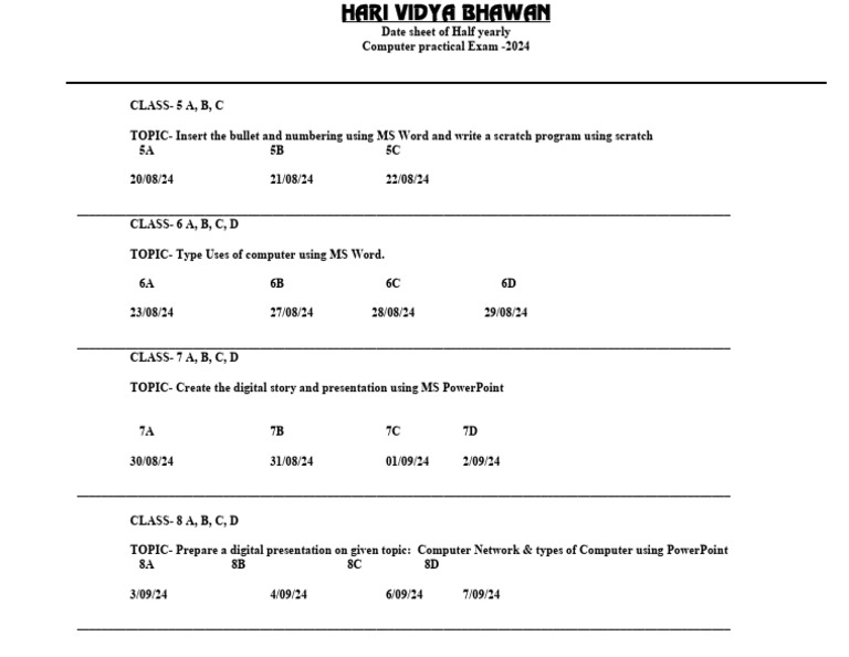 Date Sheet Half Yealy Computer Parctical 2024 | PDF