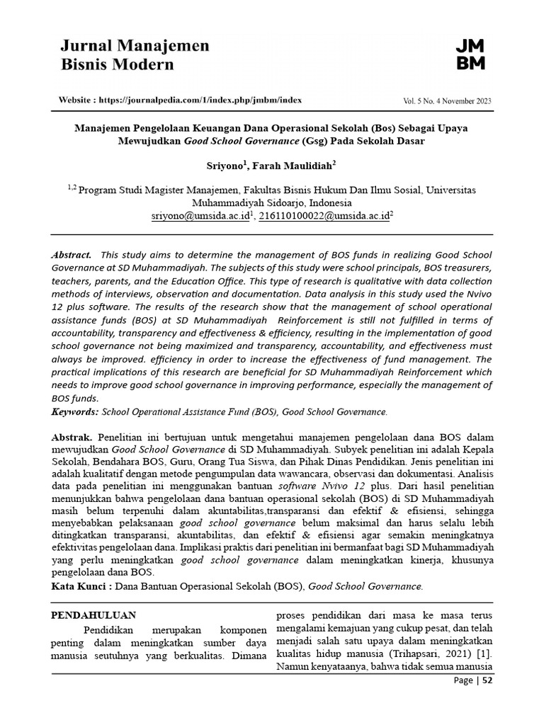 Manajemen Pengelolaan Keuangan Dana Operasional Sekolah (Bos) Sebagai Upaya Mewujudkan Good ...