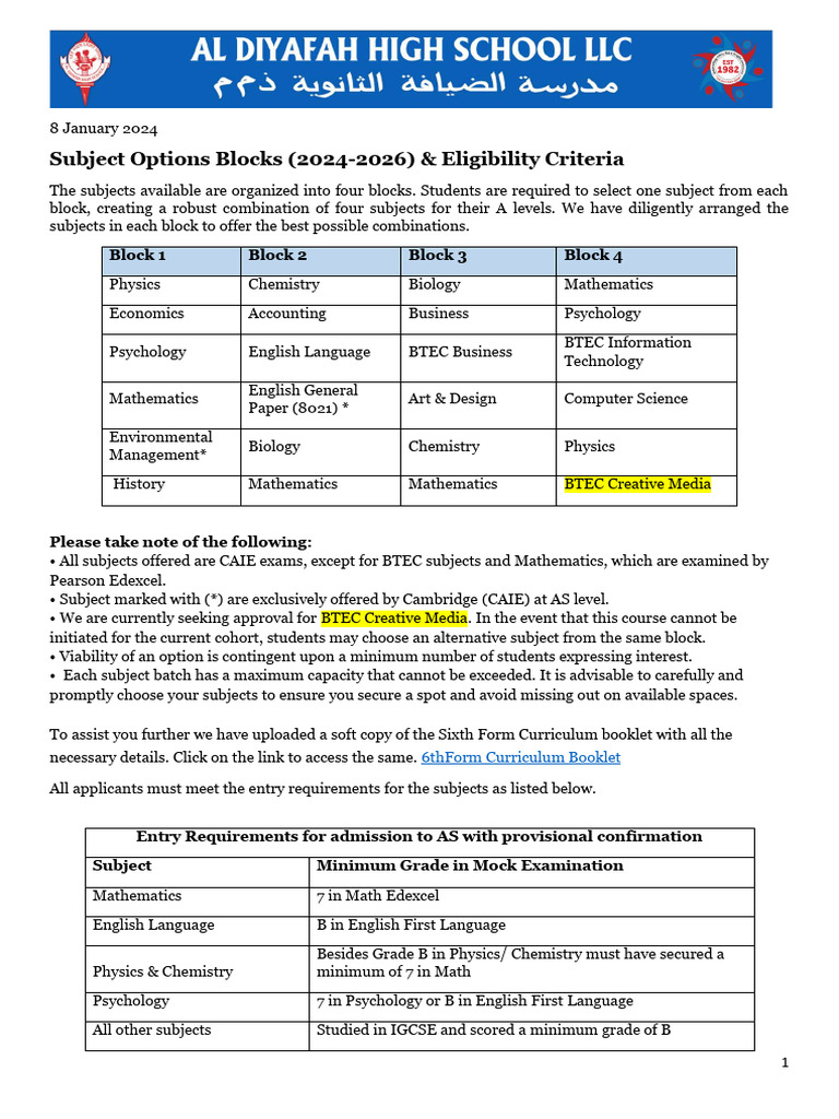 SixthForm Admissions Timeline, Subjects BlocksNew | PDF