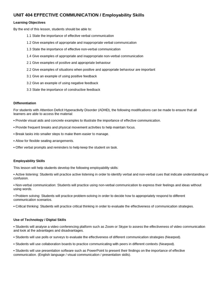 Lesson Plan U404 Effective Communication | PDF