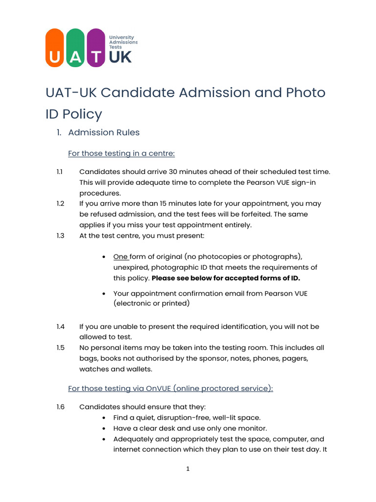 UAT UK Test Admission and ID Policy | PDF