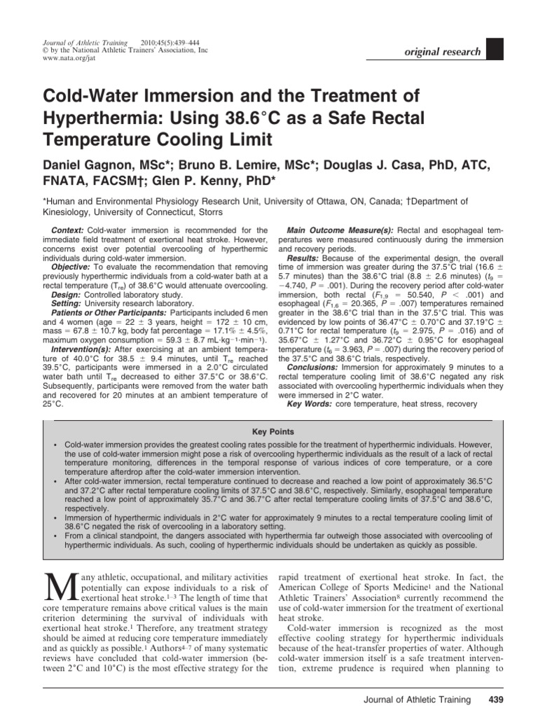 Cold Water Immersion and Treatment of Hyperthermia Gagnon | PDF
