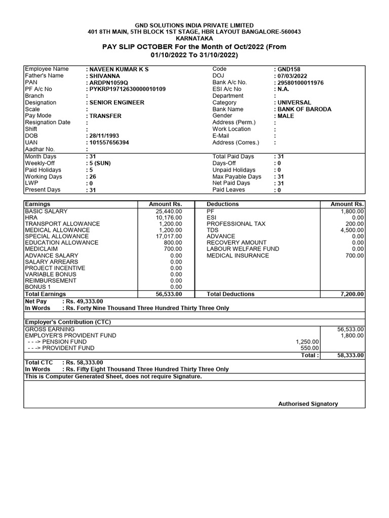 PaySlip-GND158(NAVEEN KUMAR K S)_OCT_2022 | PDF PaySlip-GND158(NAVEEN KUMAR K S)_OCT_2022 | PDF