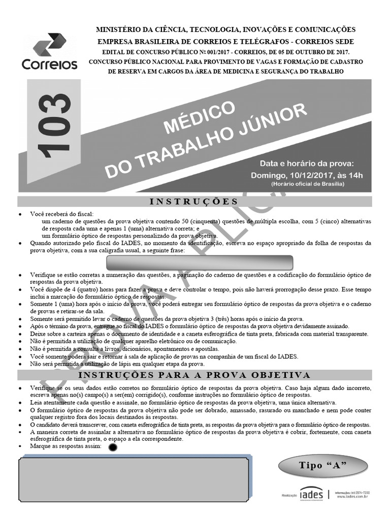 Iades 2017 Correios Medico Do Trabalho Junior Prova | PDF