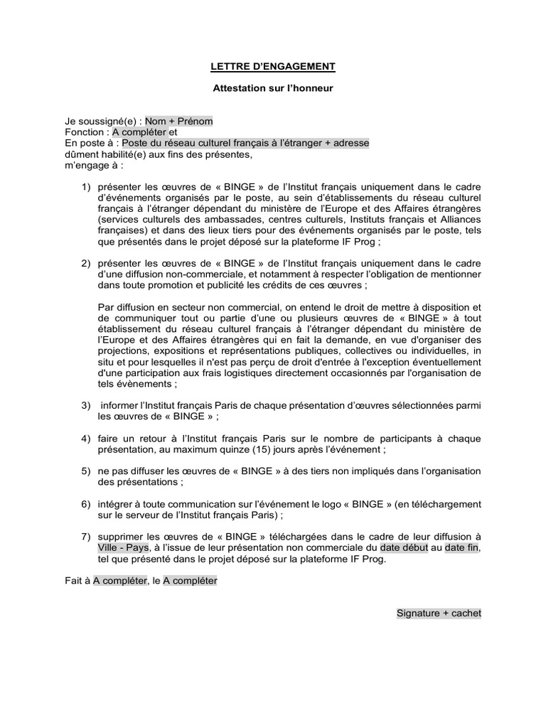 Lettre Engagement Binge | PDF