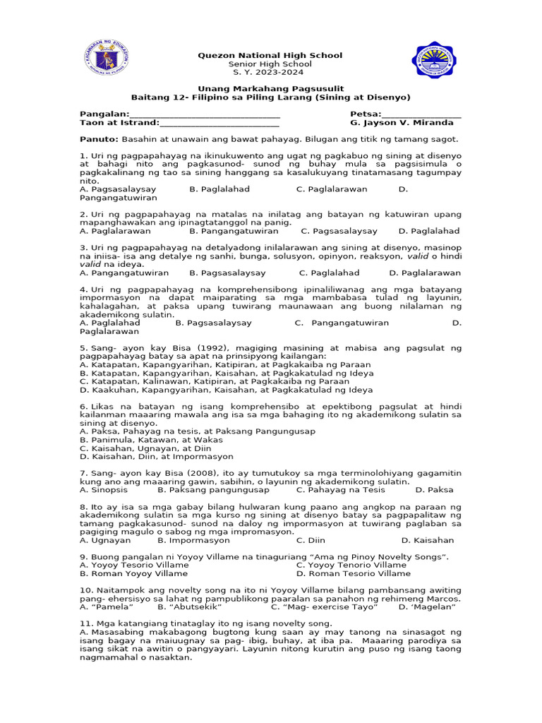 Pagsusulit- Unang Kuwarter-Sining at Disenyo | PDF