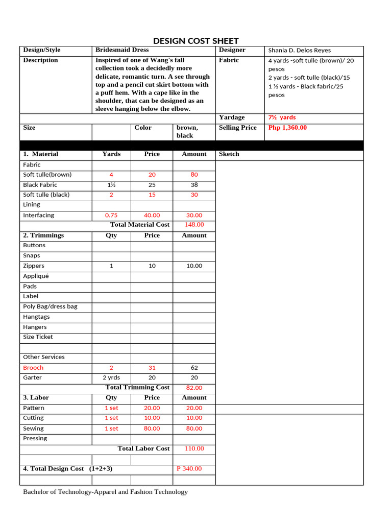 Cost Sheets Bridal | PDF