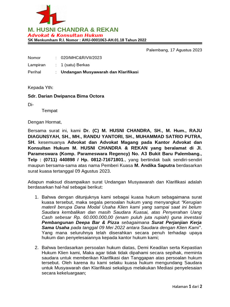 Surat Undangan Klarifikasi Pertama | PDF