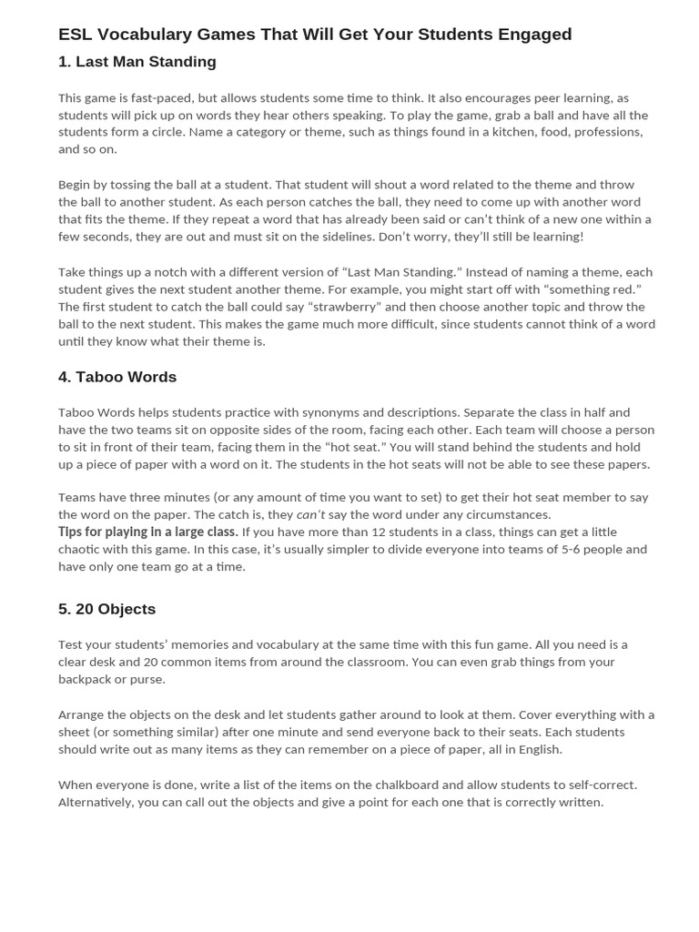 ESL Vocabulary Games That Will Get Your Students Engaged | PDF