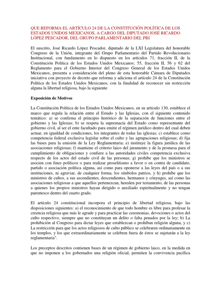Iniciativa de Reforma Al Art. 24 de La Constitucion Mexico | PDF ...