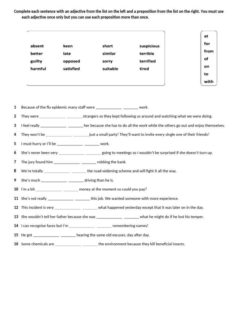 Complete Each Sentence With An Adjective From The List On The Left and ...
