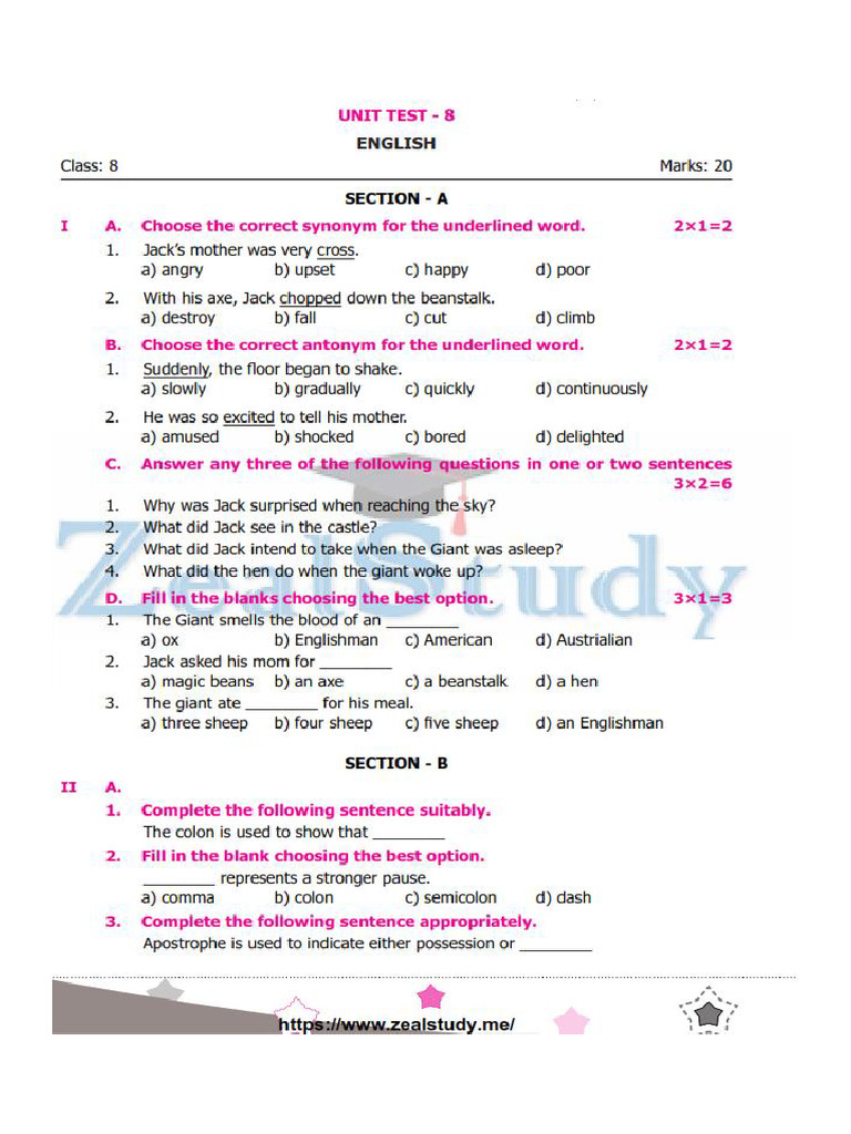 8th EM English TM 1 Unit Test QP - 8 | PDF