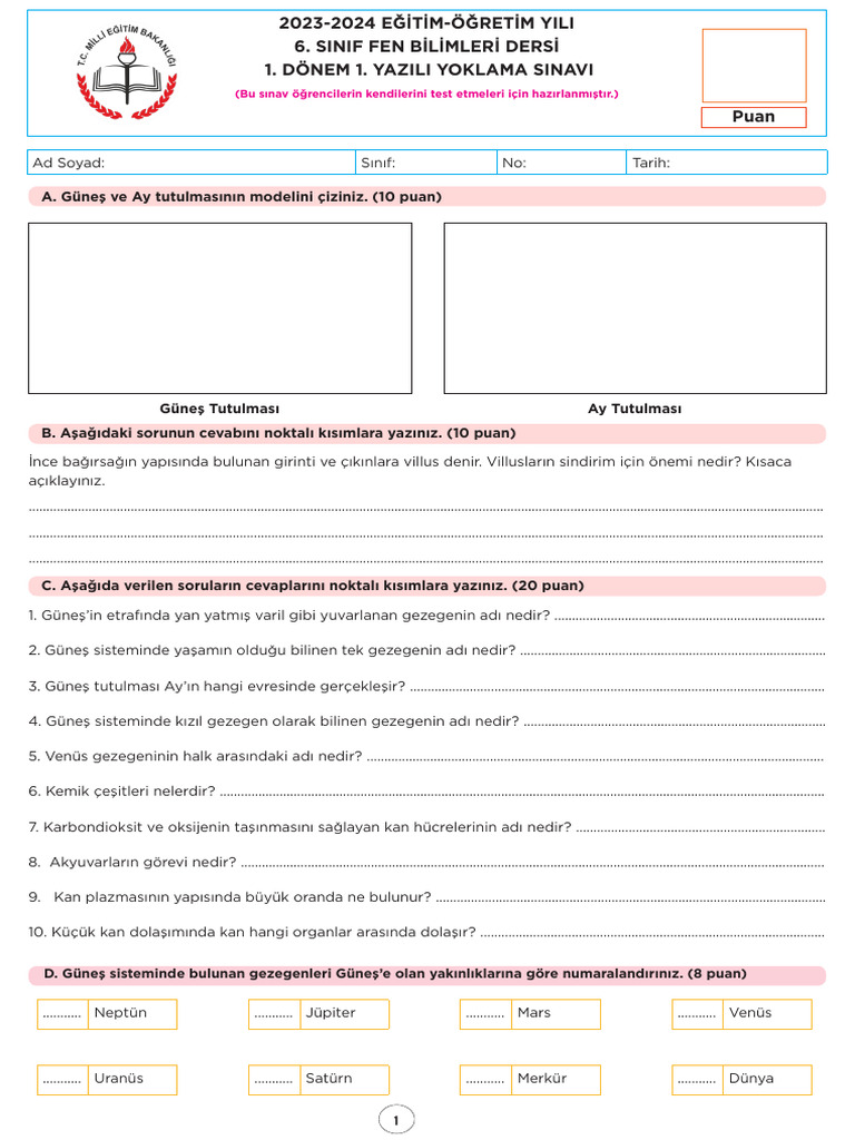 6 Sinif 1 Donem 1 Yazili | PDF
