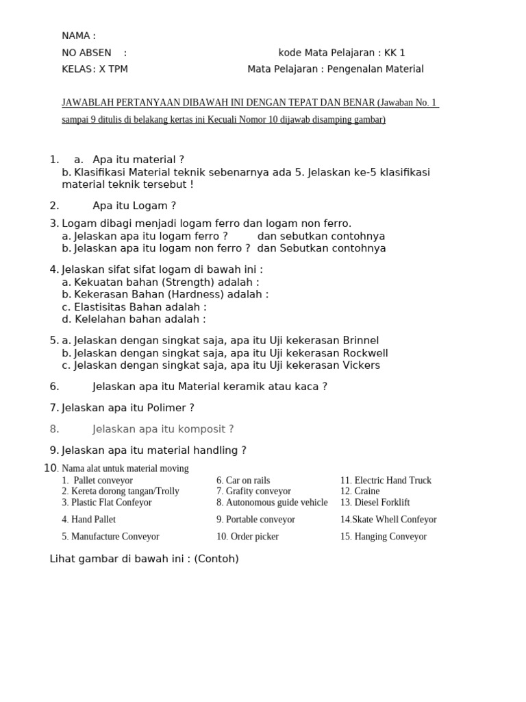 Soal UTS X TPM KK-O1 Pengenalan Material Semeter Ganjil 2017-2018 | PDF