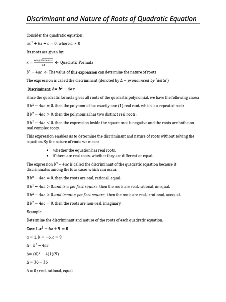 Discriminant and Nature of Roots | PDF