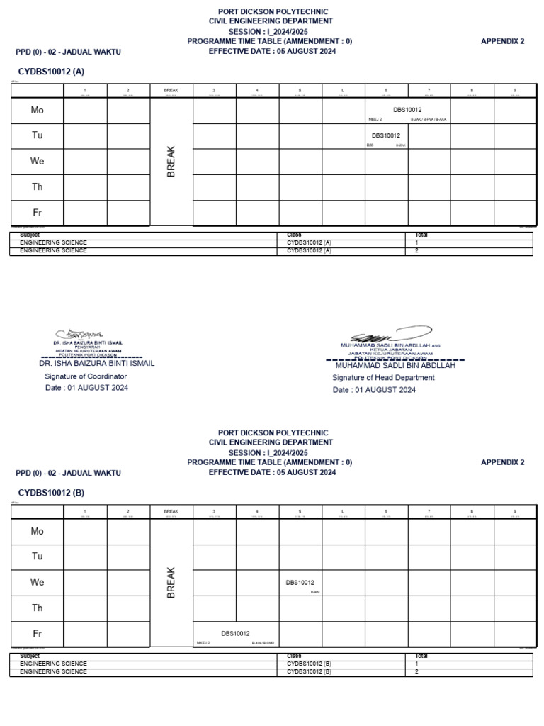 Jadual Waktu Program Jka - Sesi I 2024 2025 | PDF