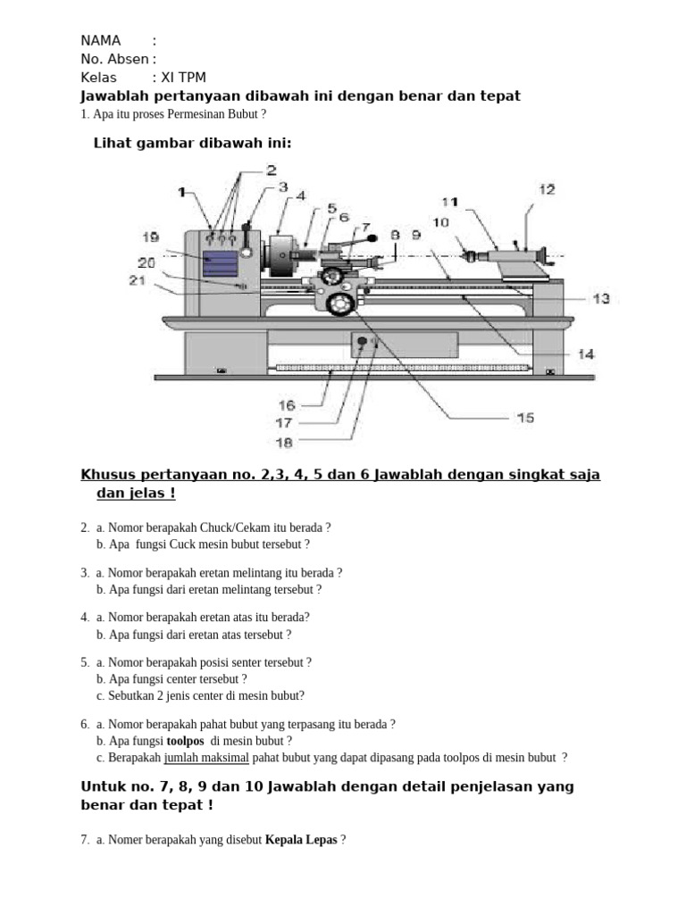 Soal UTS XI TPM KK-09 Mesin Bubut Semeter Ganjil 2017-2018 | PDF