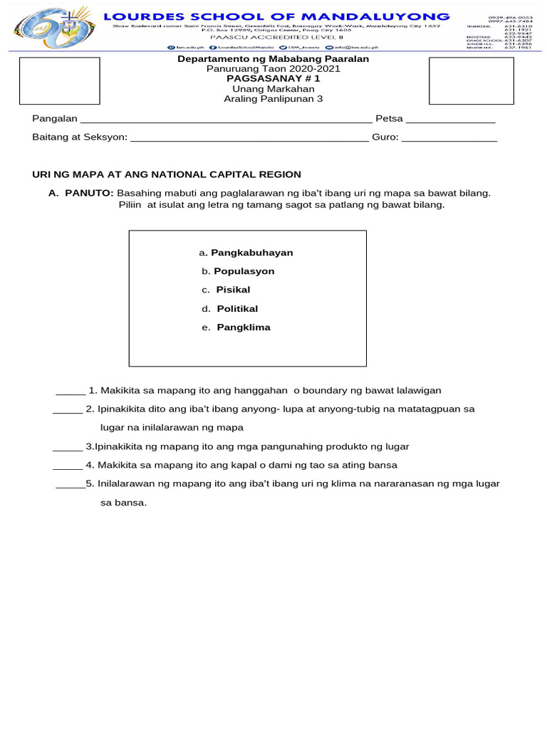 Grade-3 - Pagsasanay 1 - Uri NG Mapa at Ang NCR | PDF