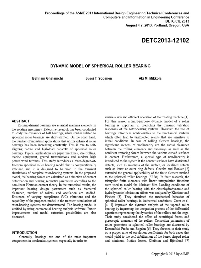 2013-Ghalamchi-Dynamic model of Spherical Roller bearings | PDF